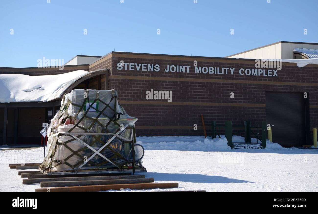 A cargo pallet sits outside the Stevens Joint Mobility Complex (JMC ...