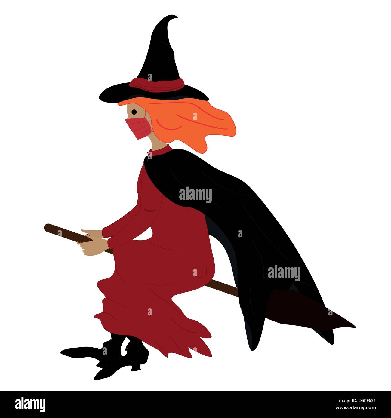 Witch with mouth and nose protection on a broomstick. vector Stock ...