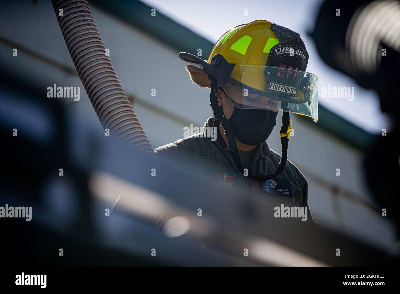 U.S. Marine Corps Pfc. Elijah Stewart, an expeditionary firefighting ...