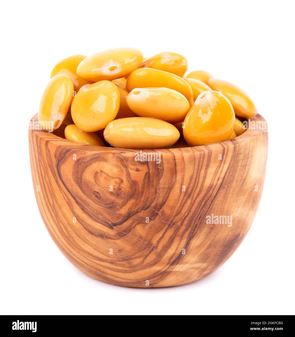 Pickled yellow lupine beans in olive bowl, isolated on white background ...