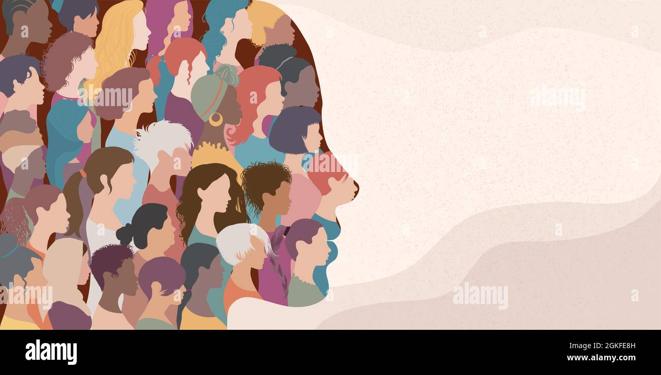 Woman face silhouette in profile with group of multicultural and ...