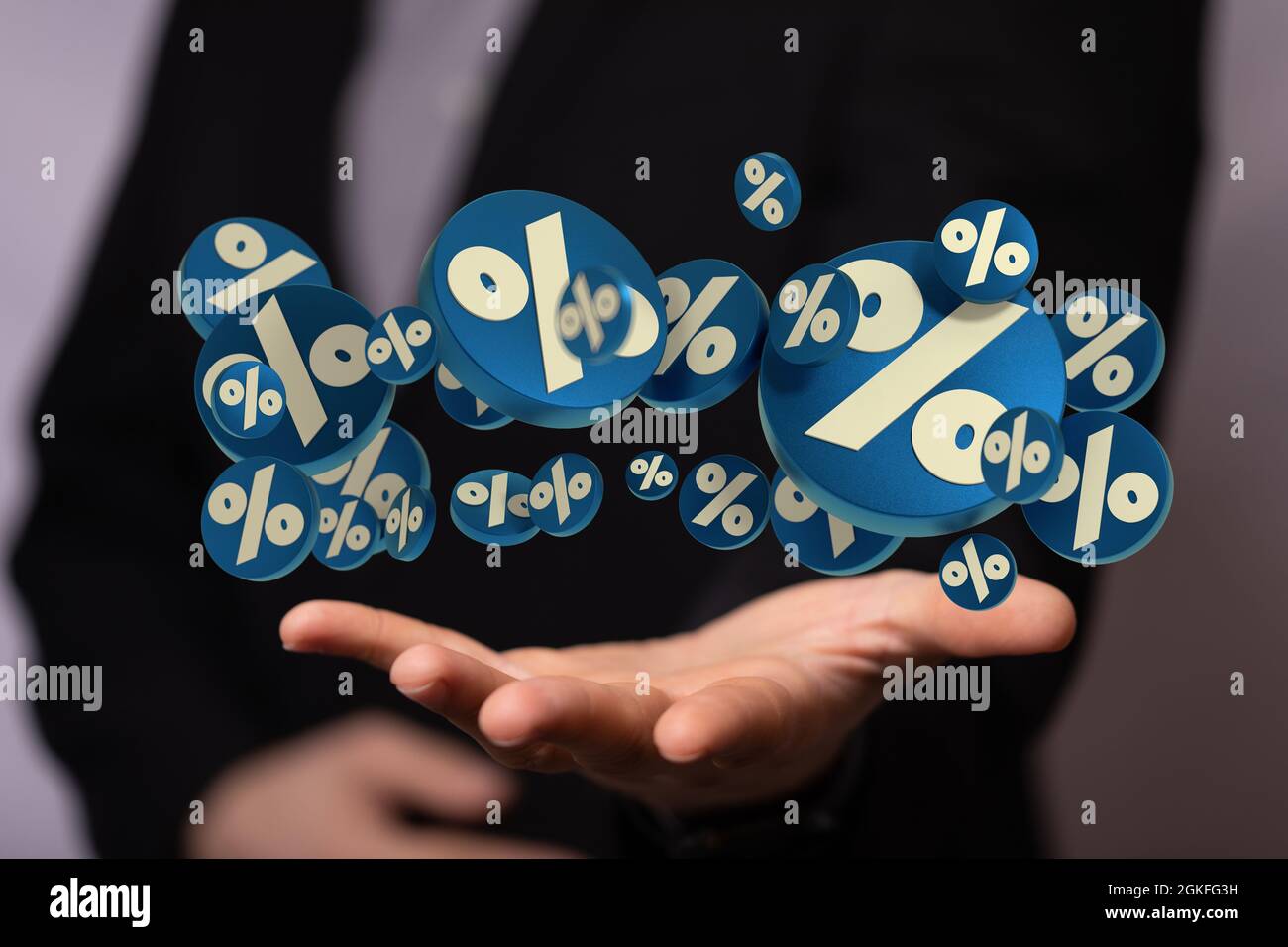 3d rendering of digital sales percentage symbols on blue circular desks ...