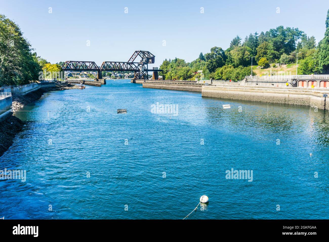 Salmon Bay Bridge at the Ballard Locks in Washington State Stock Photo ...