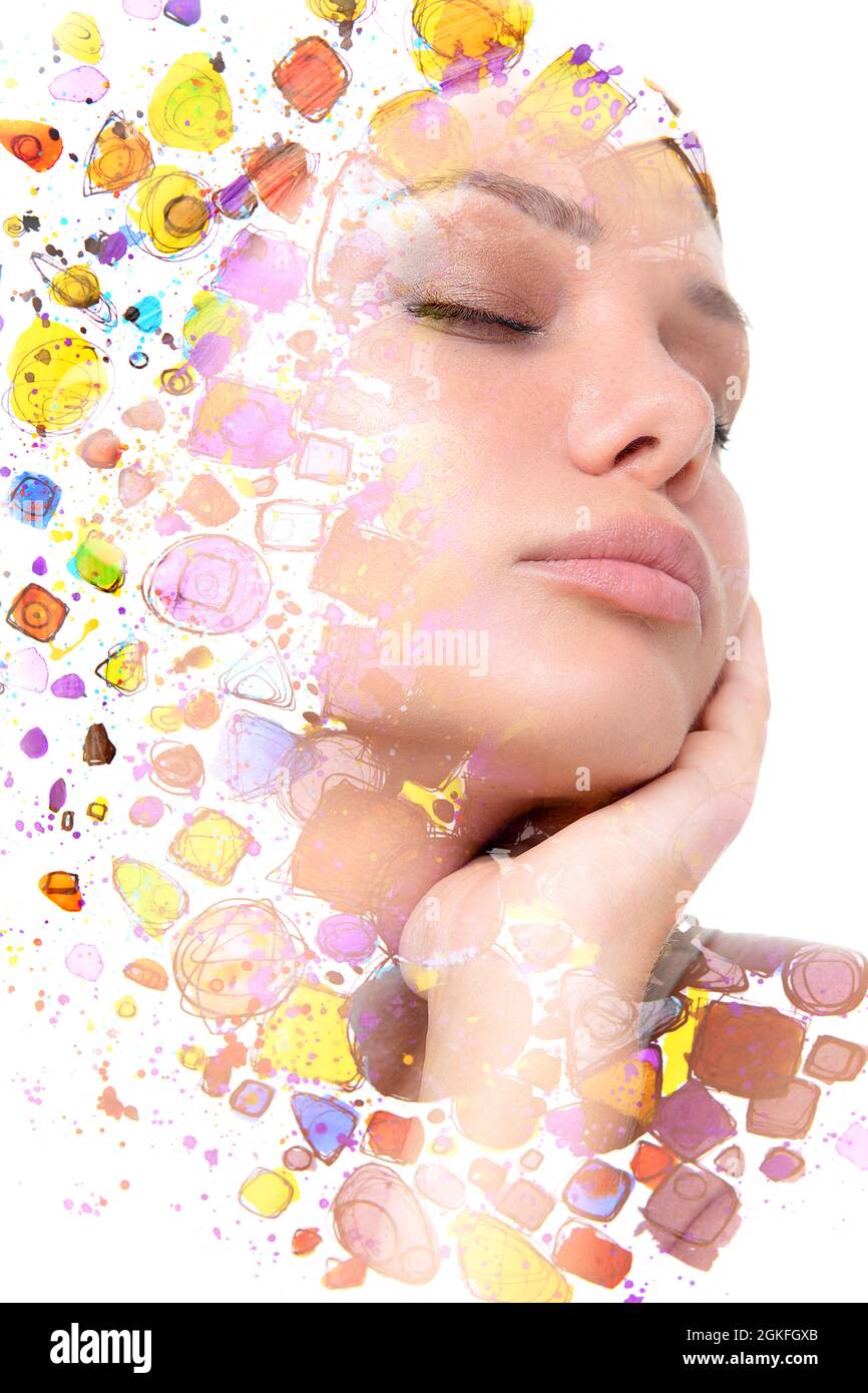 Paintography. Bright colorful double exposure portrait Stock Photo - Alamy