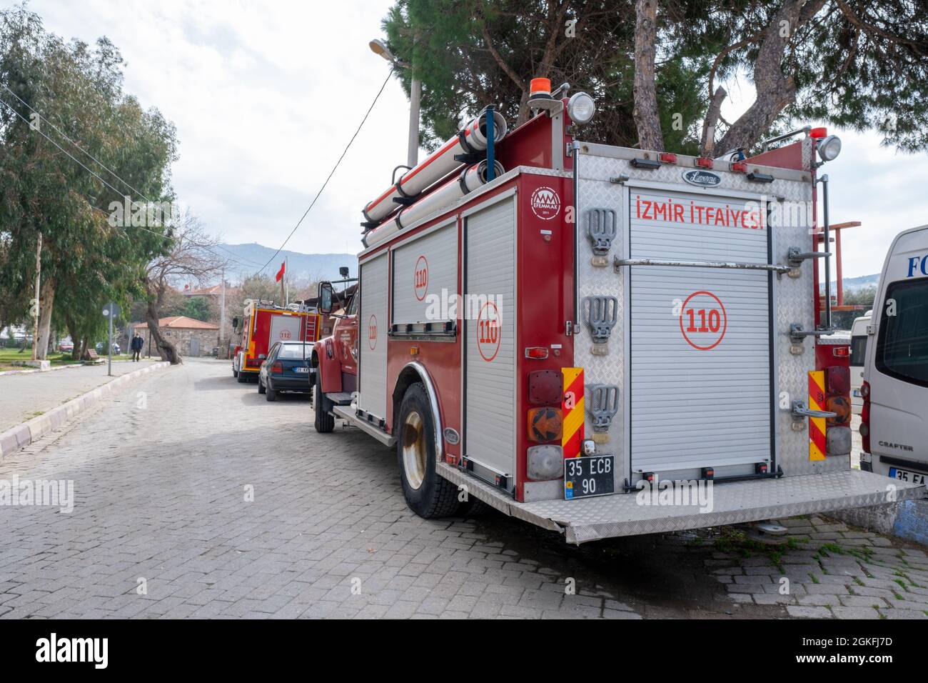 Seferihisar, Izmir, Turkey - 03.09.2021: rear view of a fire truck ...