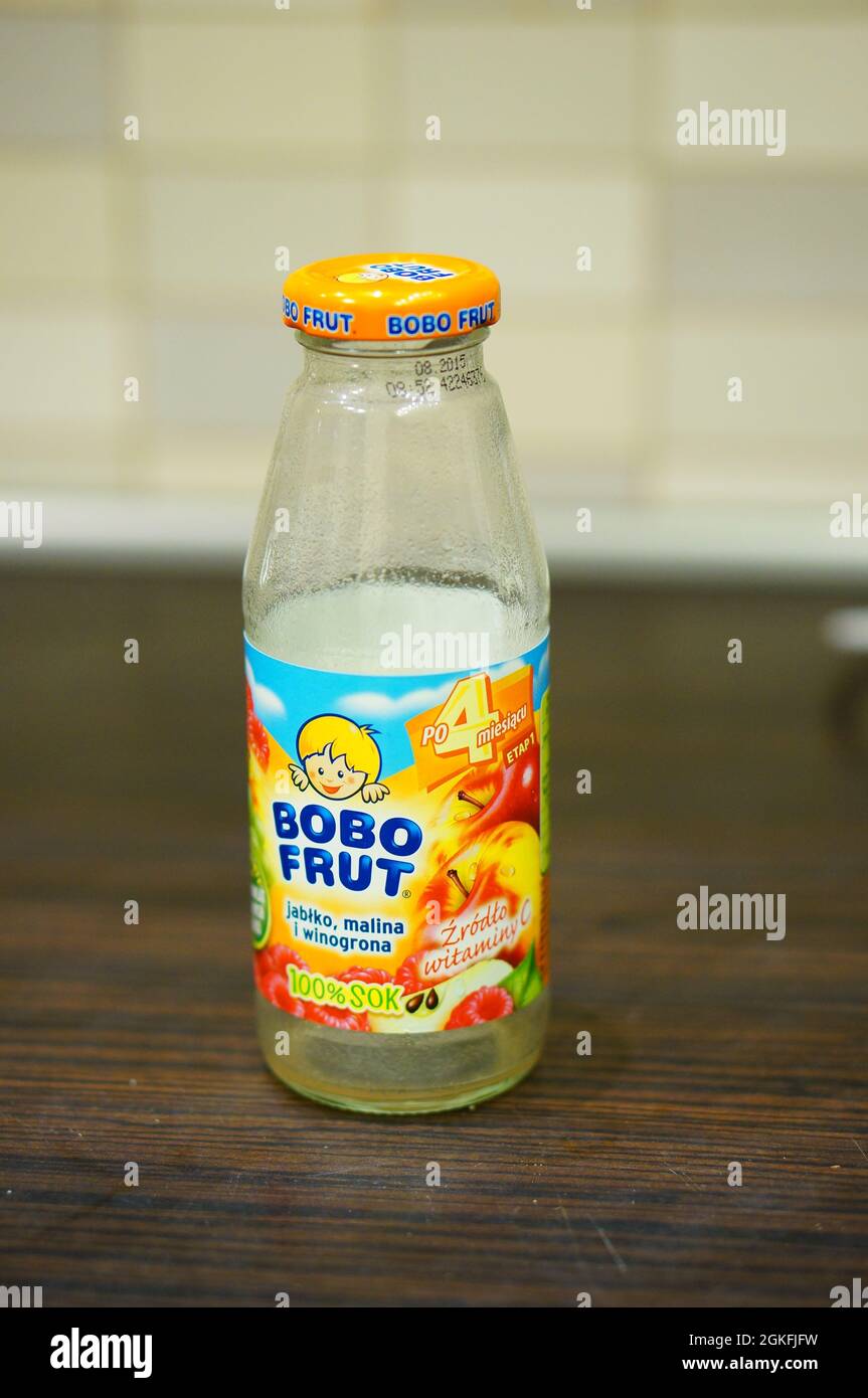 POZNAN, POLAND - Jan 14, 2015: An empty glass bottle of Bobo Frut fruit ...