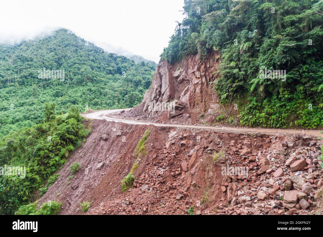 Narrow dangerous road in Yungas mountains, Bolivia Stock Photo - Alamy