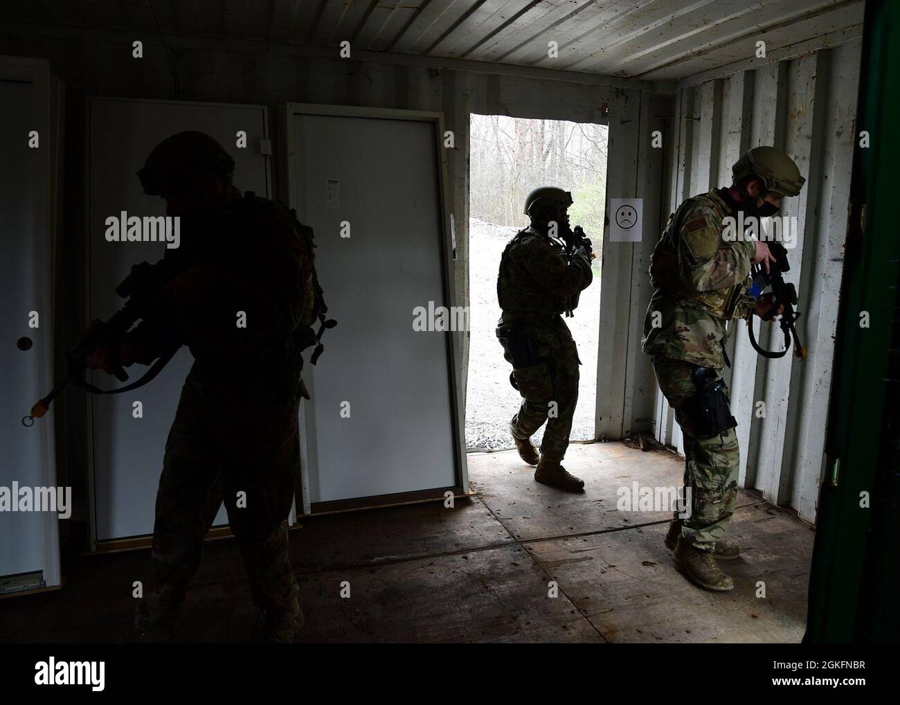 Airmen with the 105th Base Defense squadron conduct close quarters ...
