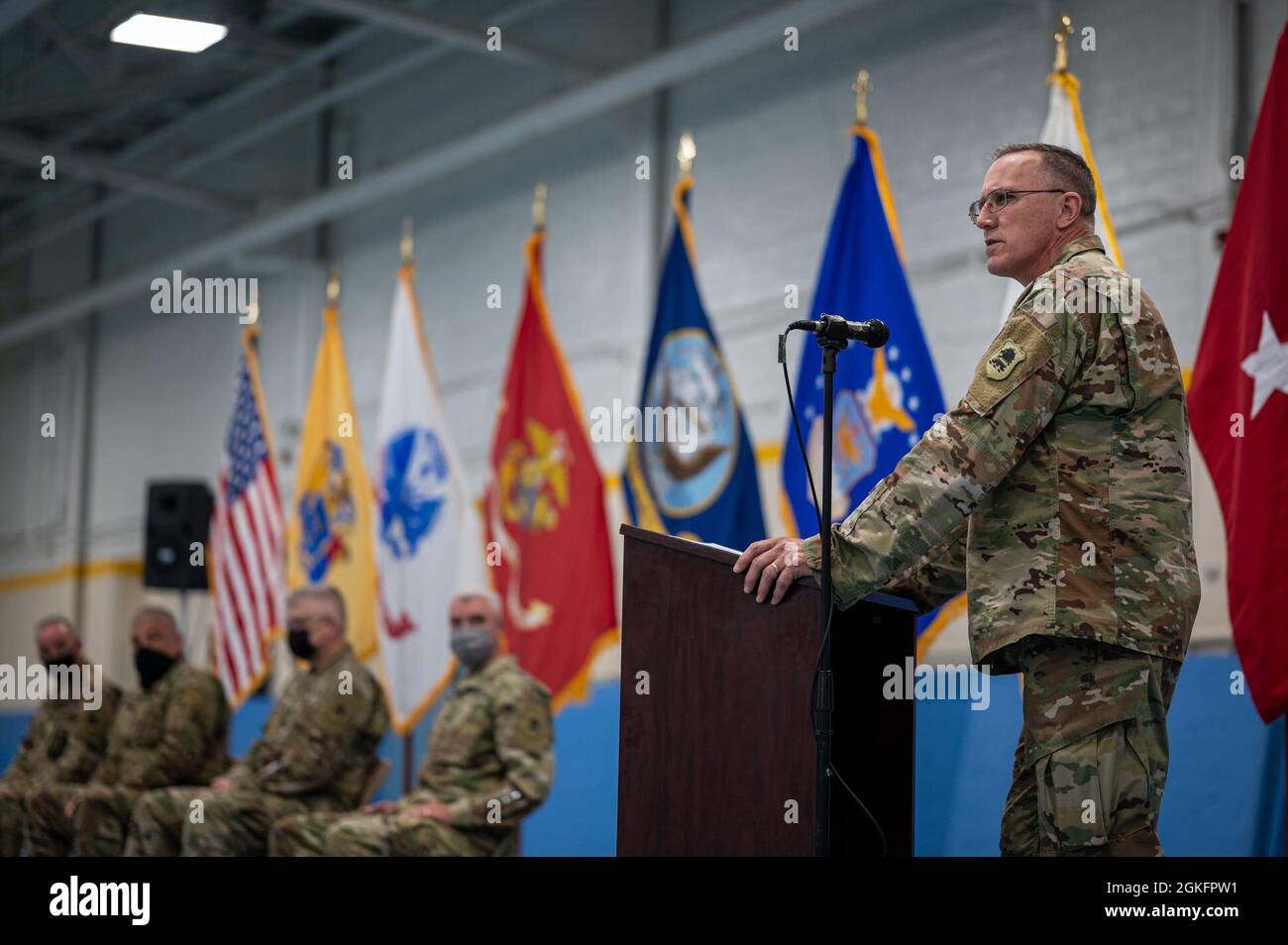 U.S. Army Command Sgt. Maj. Mark Leonard, 57th Troop Command, speaks at ...