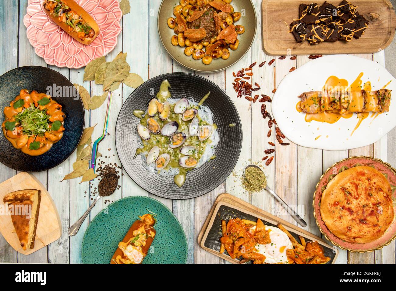 Set of recipes for fusion food of various nationalities. Clams in ...