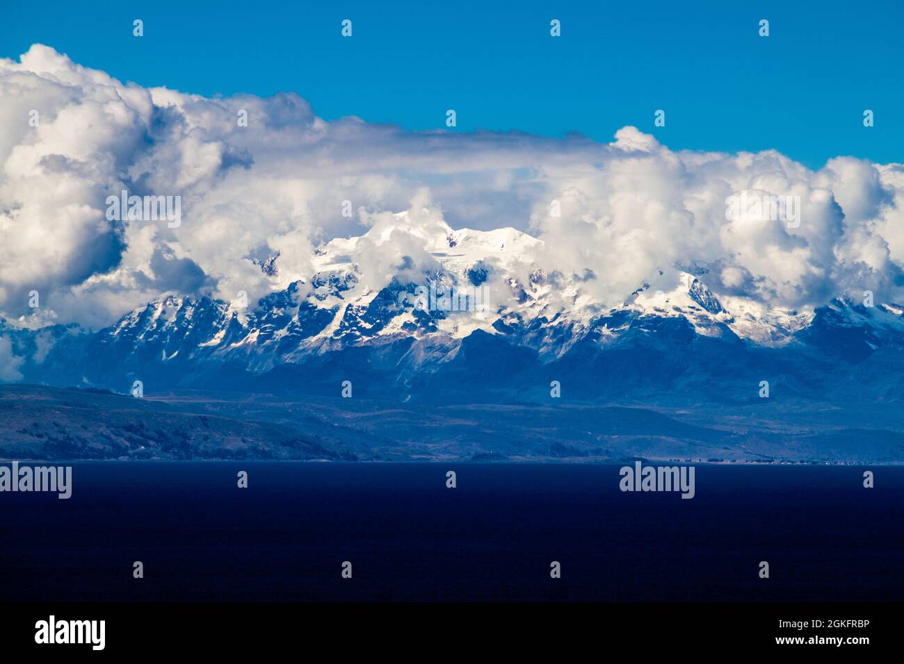 Cordillera Real mountain range behind Titicaca lake, Bolivia Stock ...