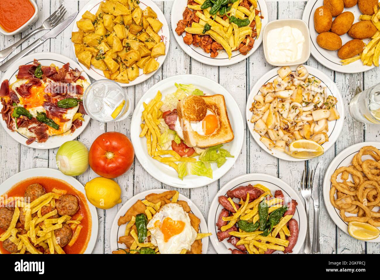 Top view of the table of a Spanish tapas restaurant with a sandwich ...