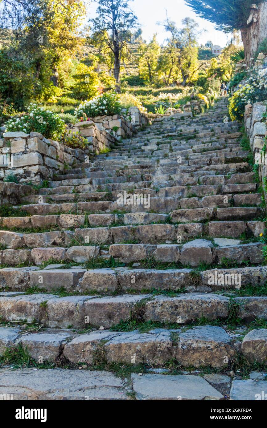 Inca stairway (Escalera del Inca) in Yumani village on Isla del Sol ...