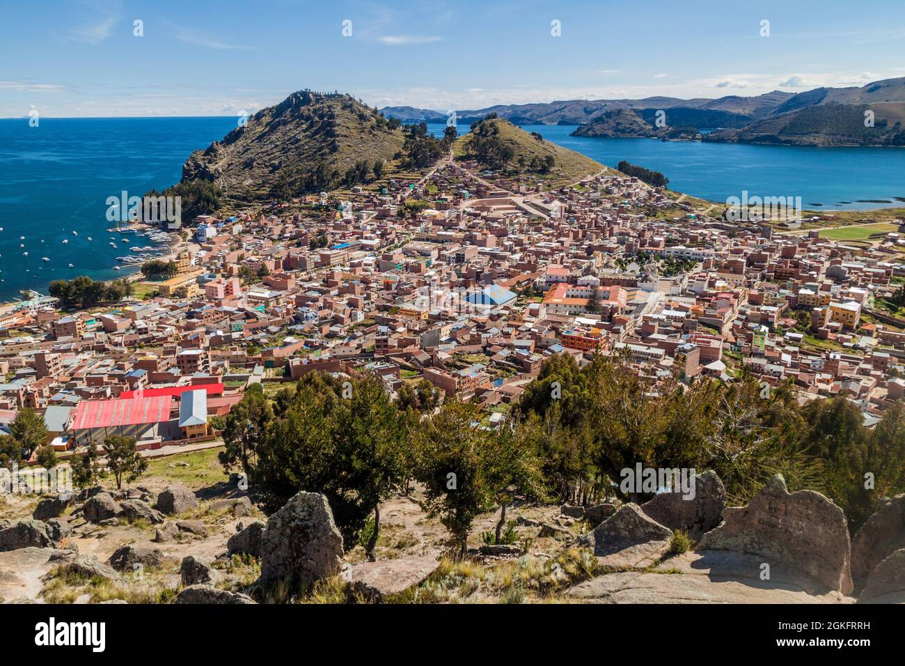 Aerial view of Copacabana town on the coast of Titicaca lake, Bolivia ...
