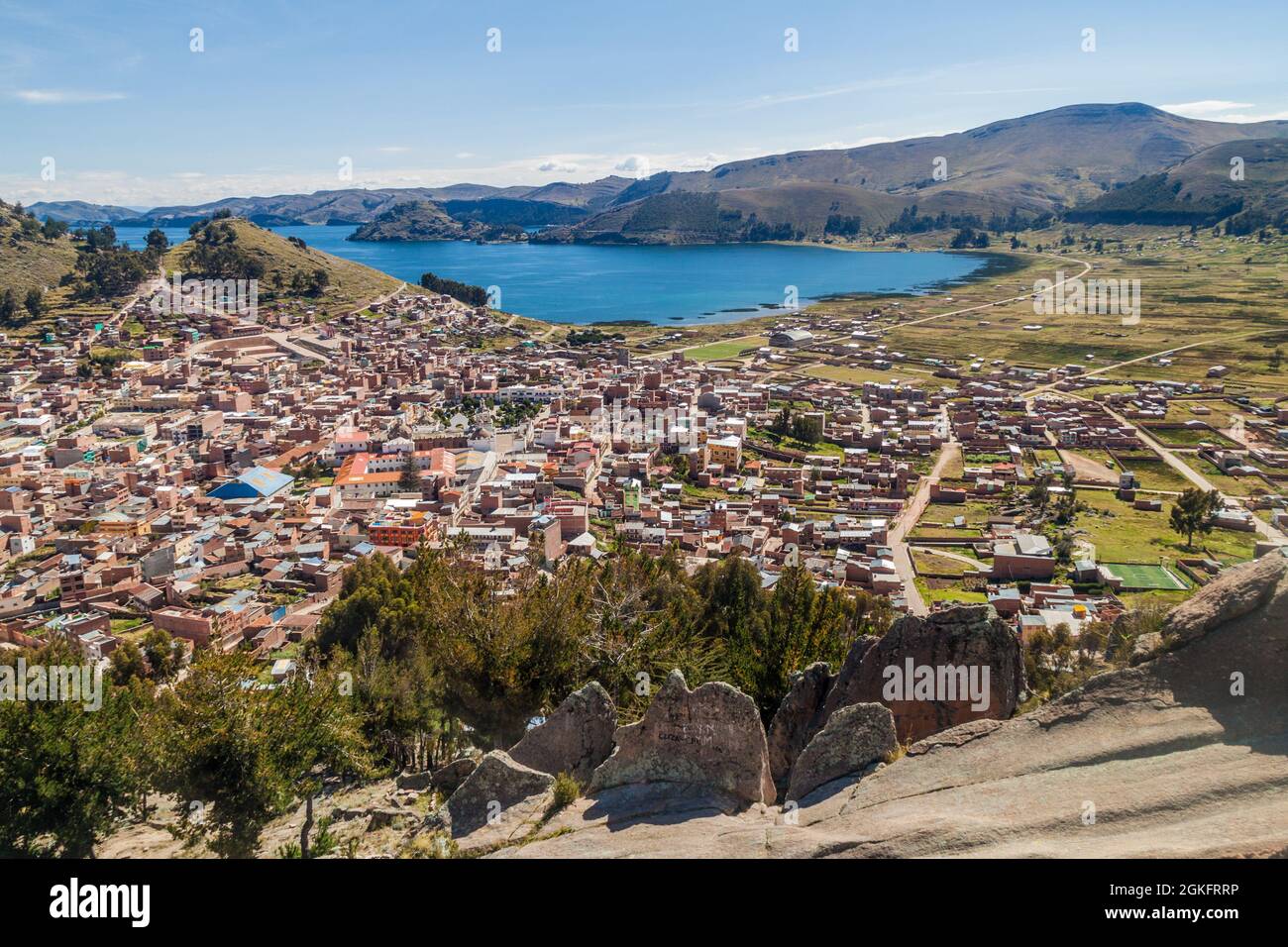 Aerial view of Copacabana town on the coast of Titicaca lake, Bolivia ...