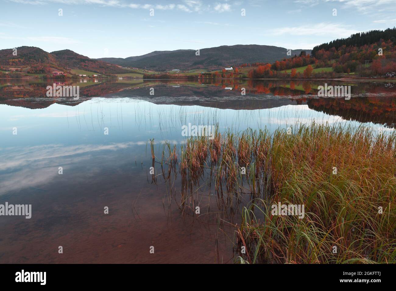 Rural Norwegian landscape with still lake water under cloudy sky Stock ...