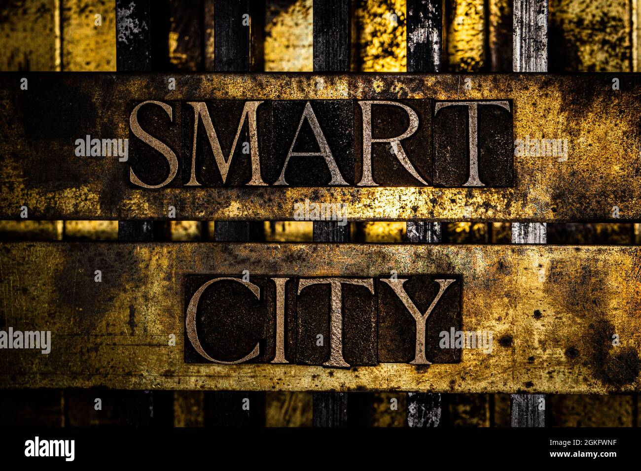 Smart City text on textured grunge copper and vintage gold background ...