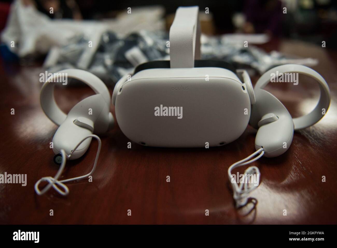 Oculus Quest 2 virtual reality headsets are displayed on a table, April ...