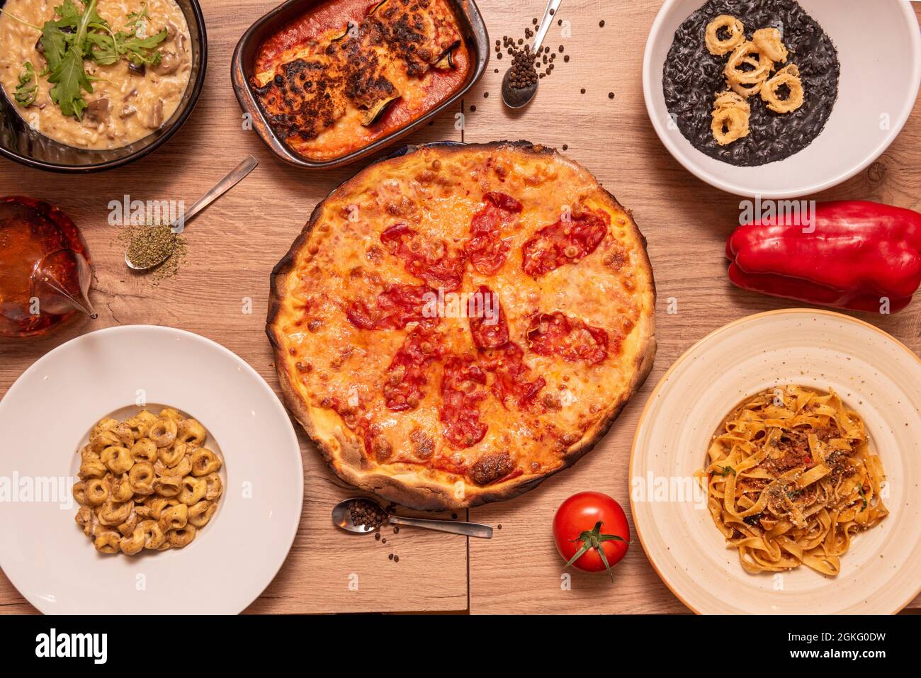 Set of popular dishes of basic Italian food with a diavola pizza ...