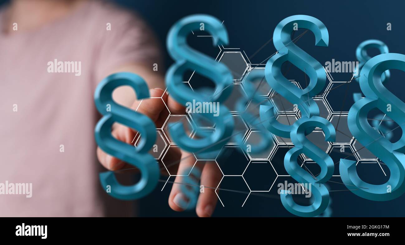 3d rendering of blue law paragraph symbols, and cells on a blue ...