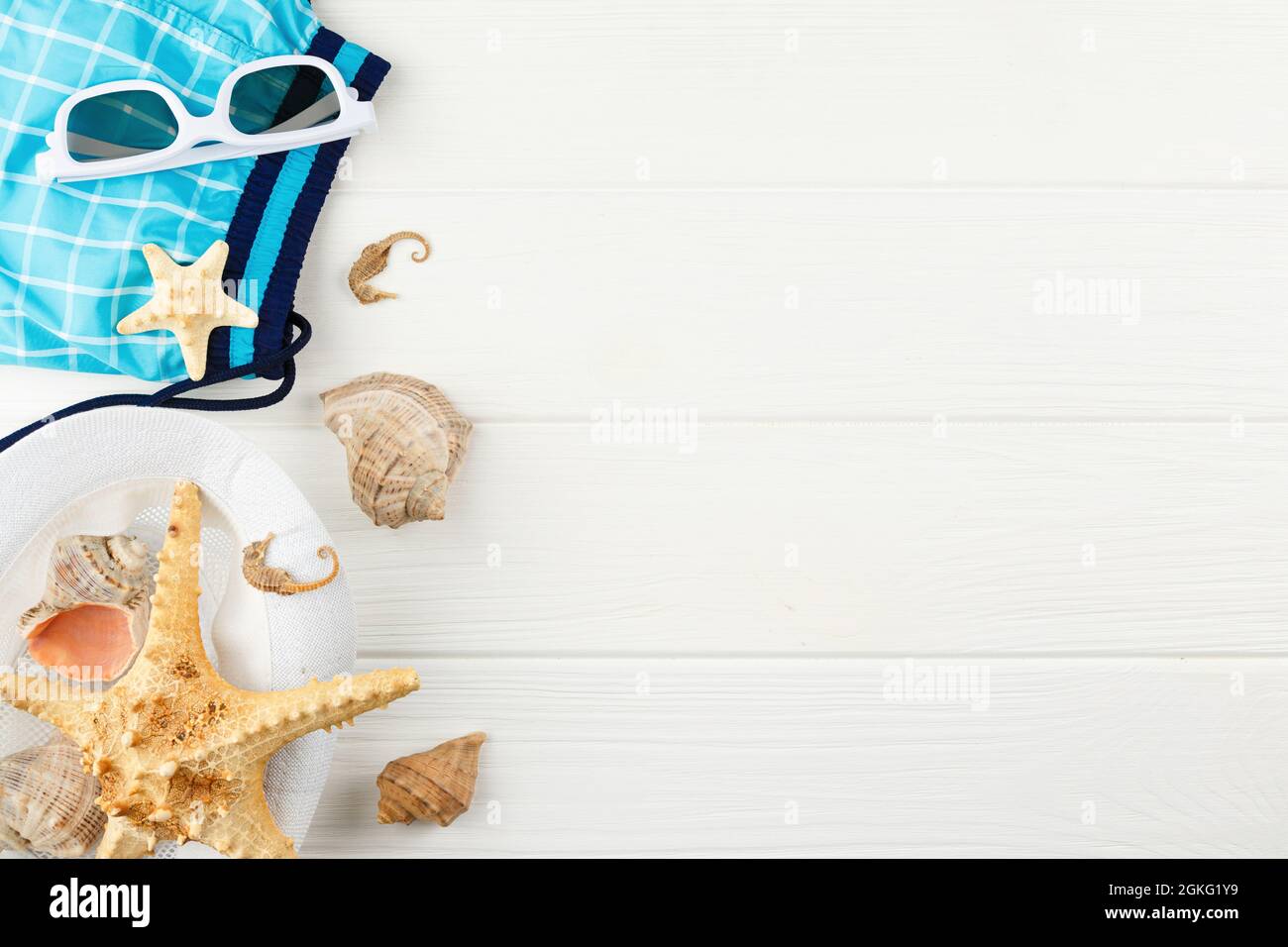 Beachwear and clam souvenirs banner Stock Photo - Alamy