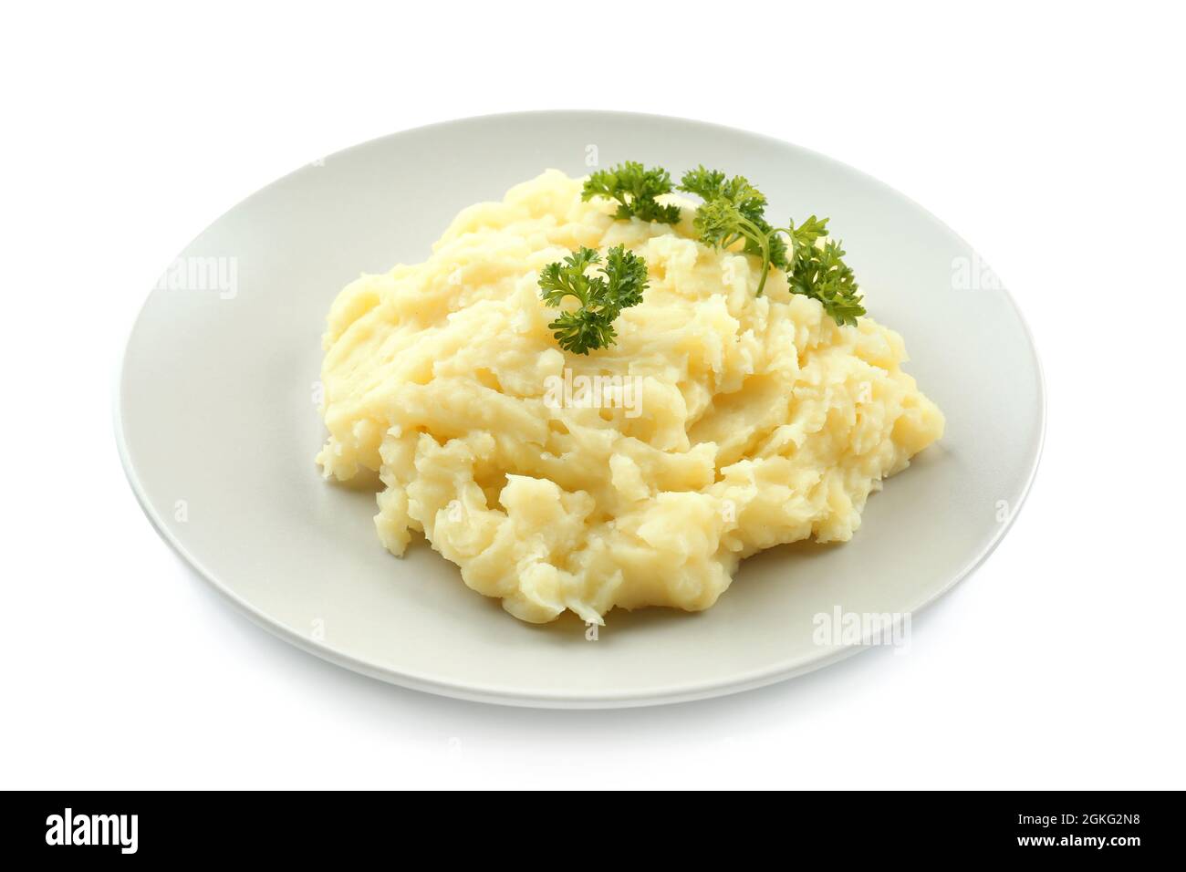 Plate with mashed potatoes on white background Stock Photo - Alamy