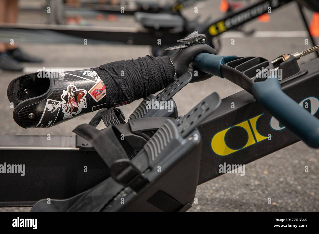 A prosthetic arm stays attached to a rowing machine during the 2021 ...