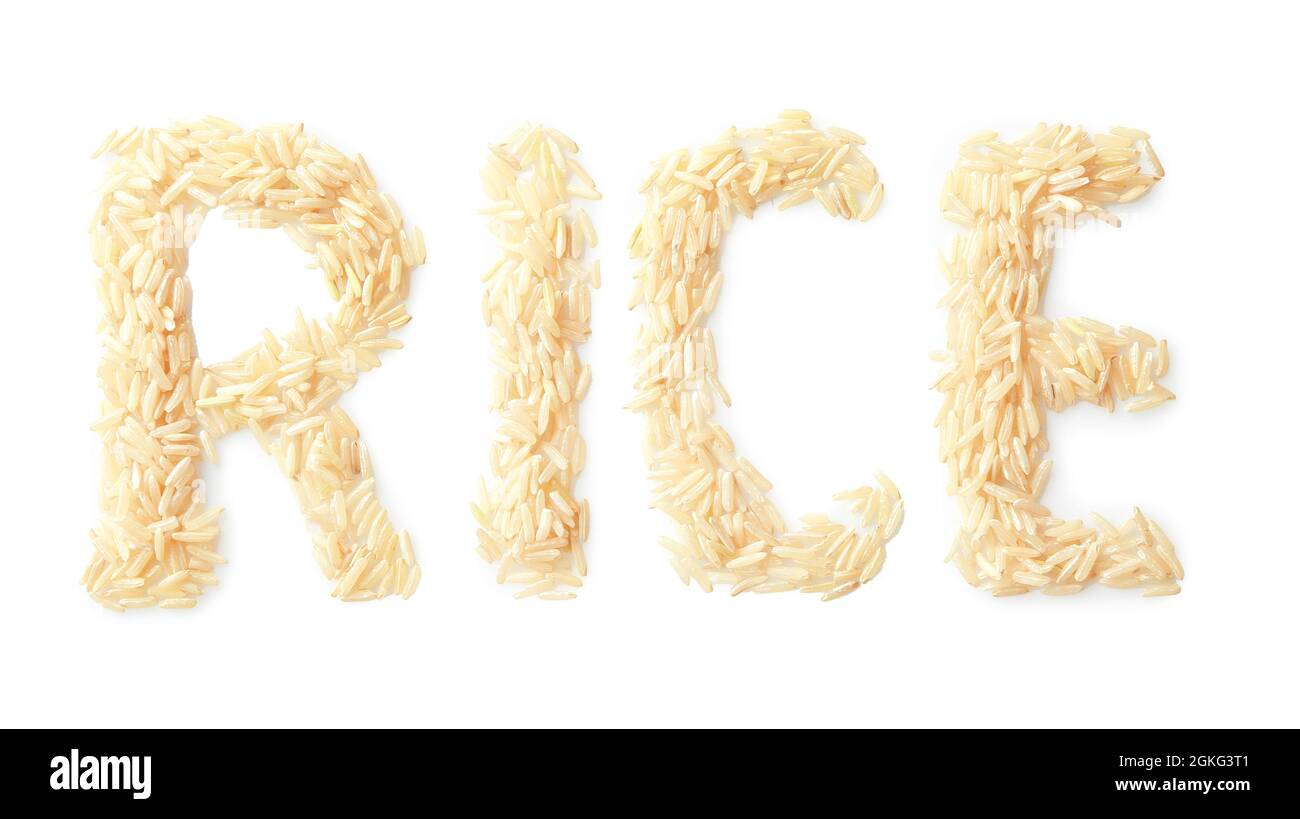 Composition with word Rice on white background Stock Photo - Alamy
