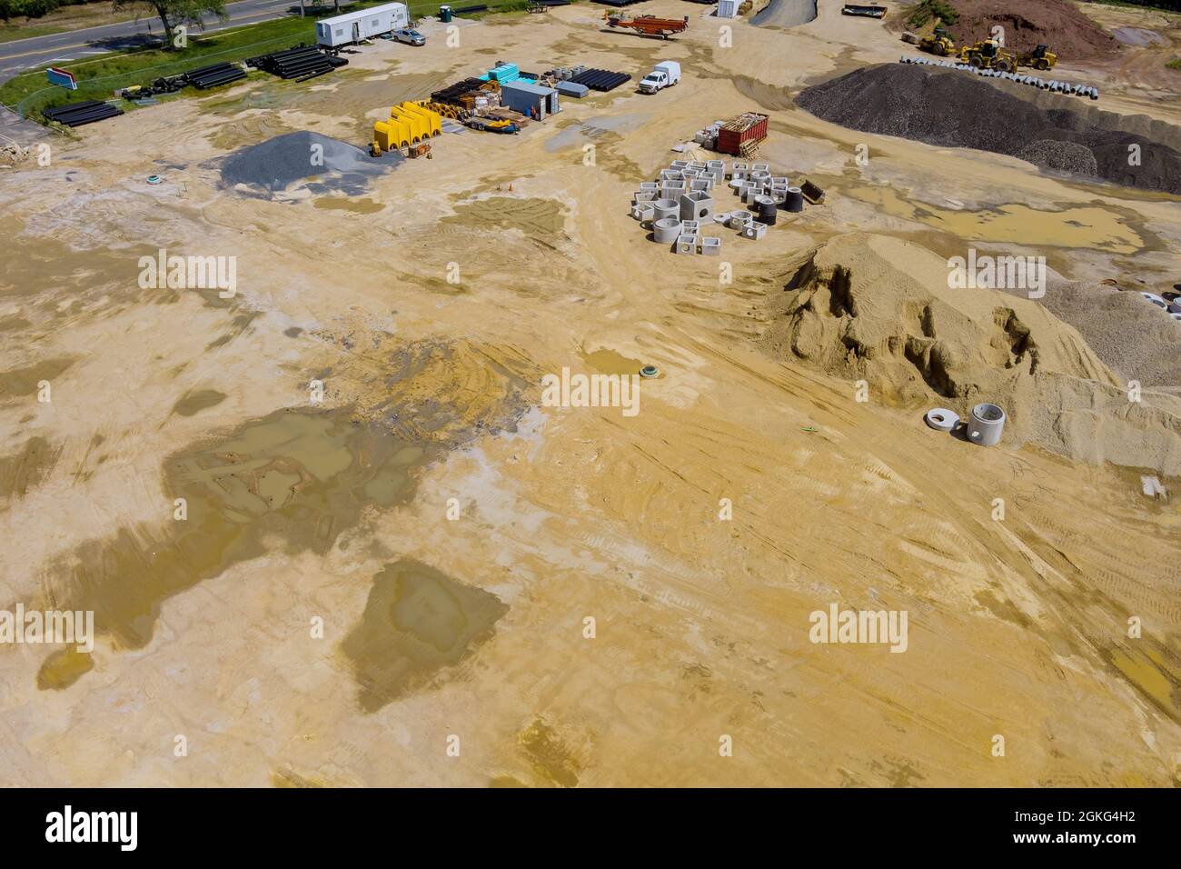 Aerial view at work preparing ground for new housing in process on ...