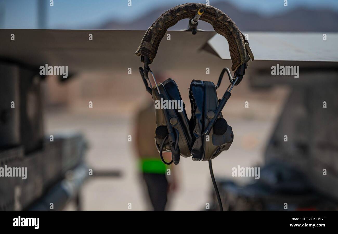 A headset is placed on the wing of an F-16 Falcon fighter jet at Nellis ...