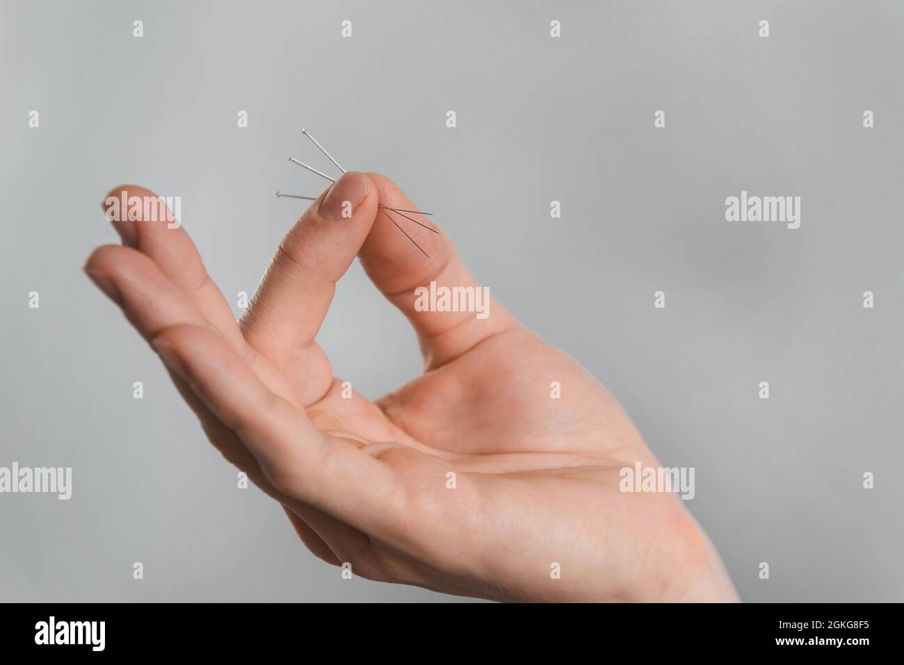 Acupuncture needles in hands over grey background. Alternative chinese ...