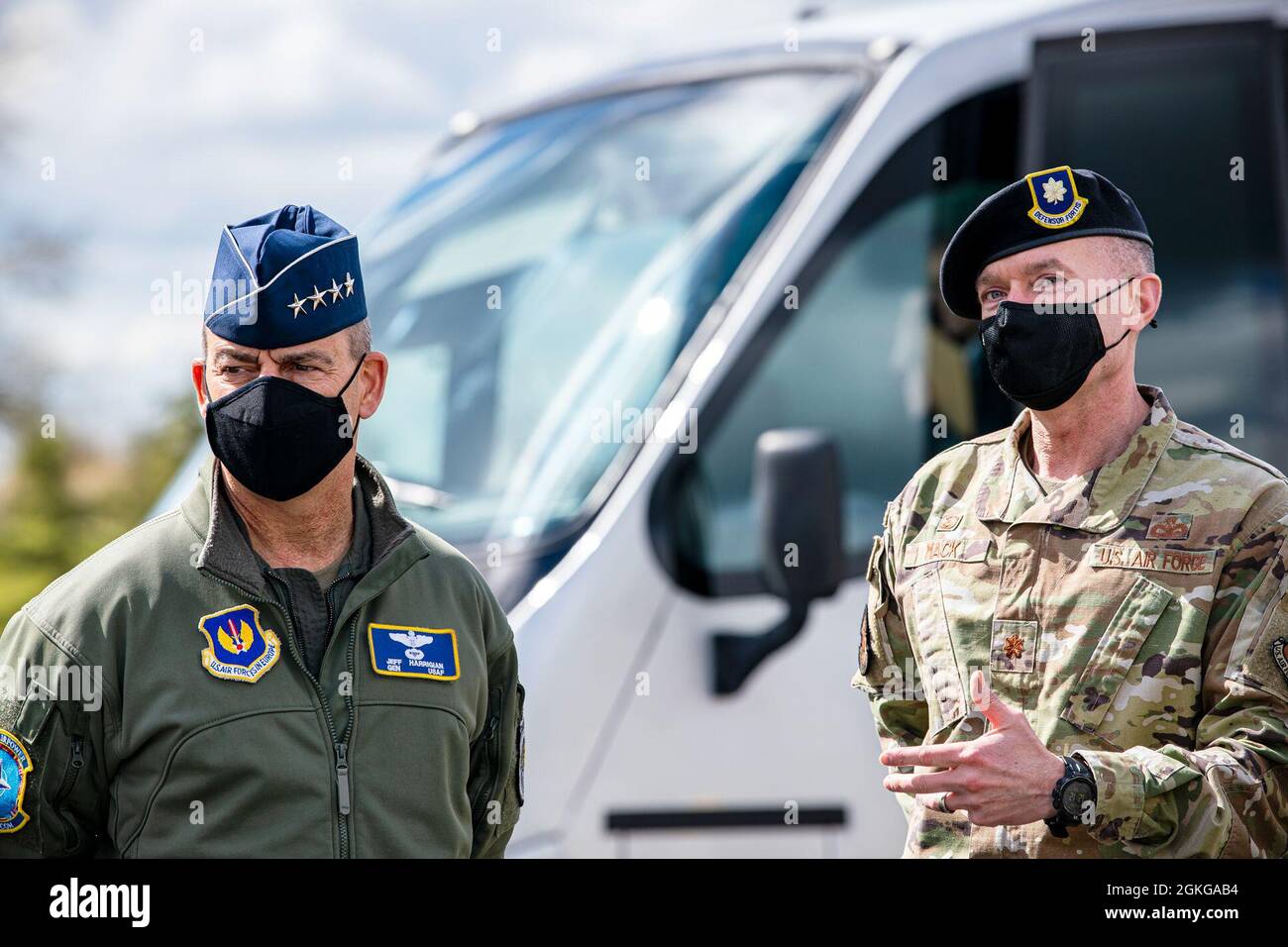 U.S. Air Force Maj. Brian Mack, right, 423rd Security Forces Squadron commander, speaks with Gen ...