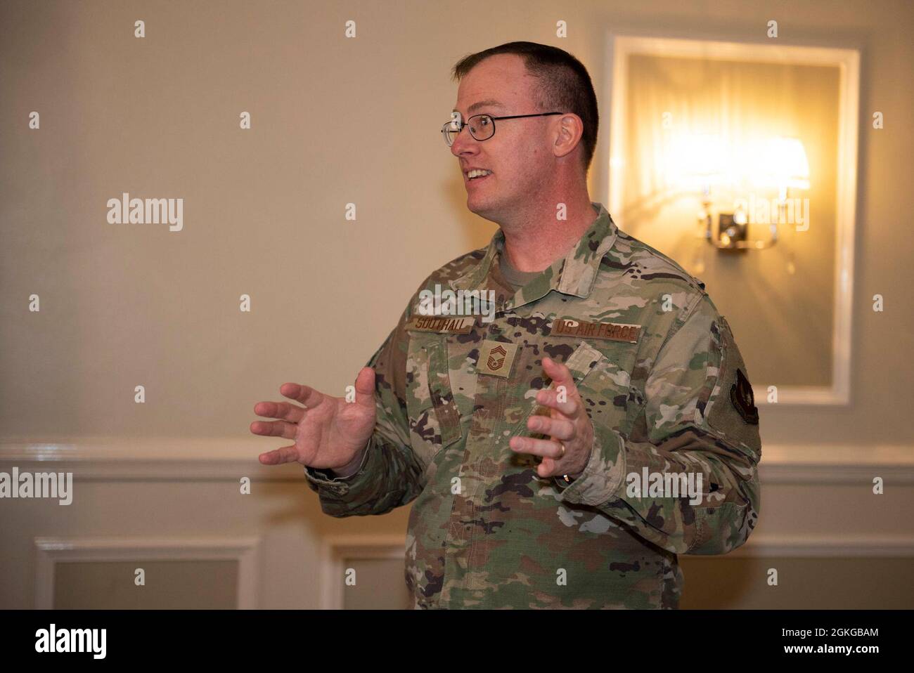 U.S. Air Force Chief Master Sgt. David Southall, 423rd Air Base Group superintendent, highlights ...