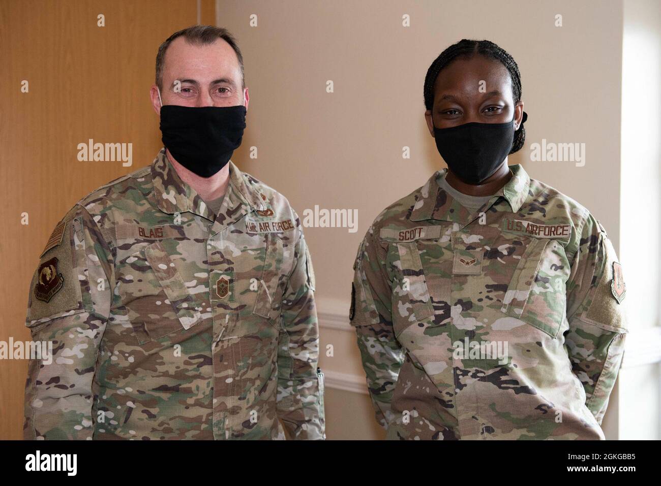 U.S. Air Force Chief Master Sgt. Brion Blais, left, U.S. Air Forces in Europe and Air Forces ...