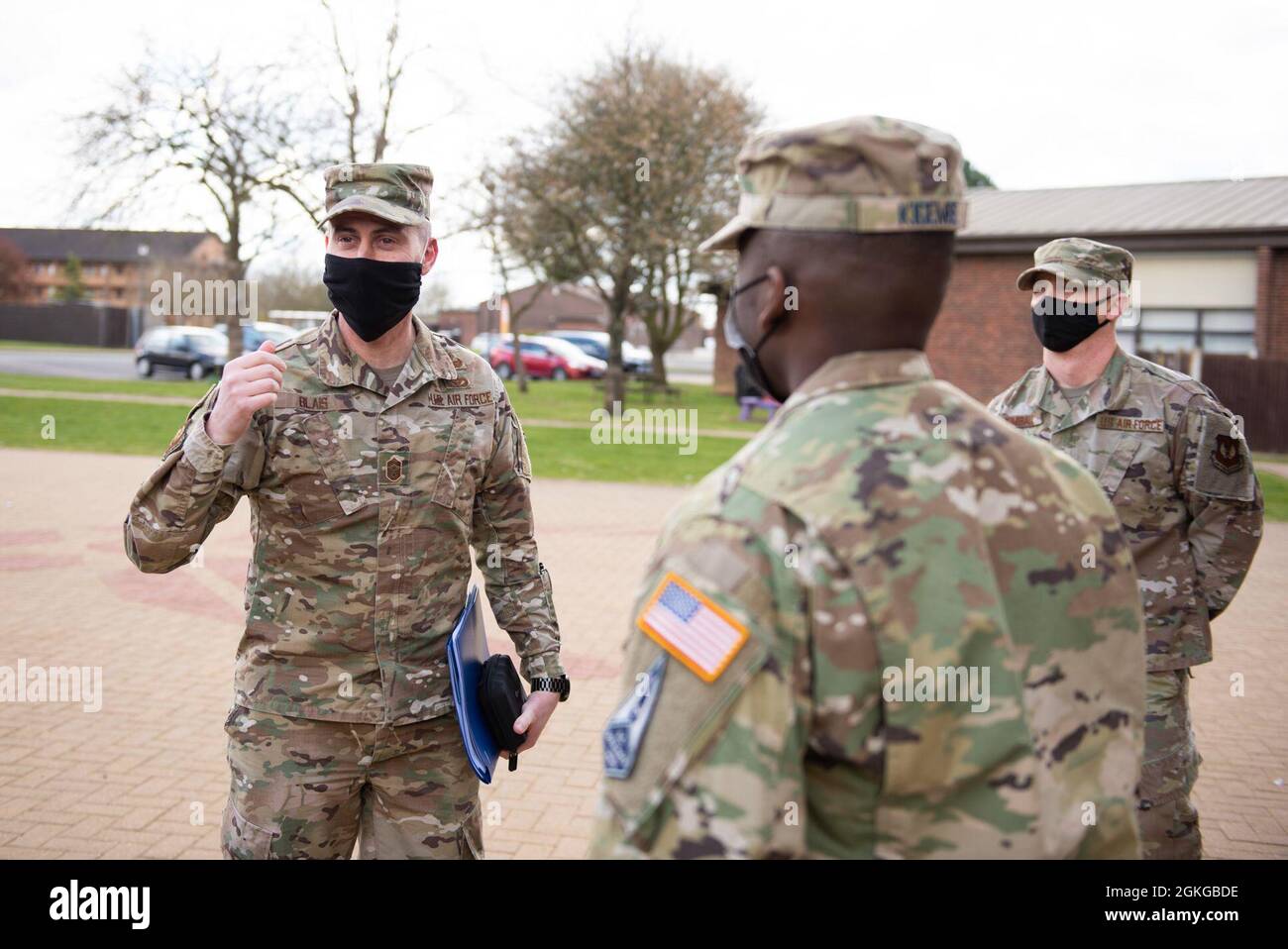 U.S. Air Force Chief Master Sgt. Brion Blais, left, U.S. Air Forces in Europe and Air Forces ...