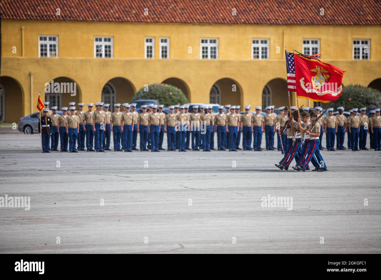 New Marines of Kilo Company, 3rd Recruit Training Battalion, march in ...