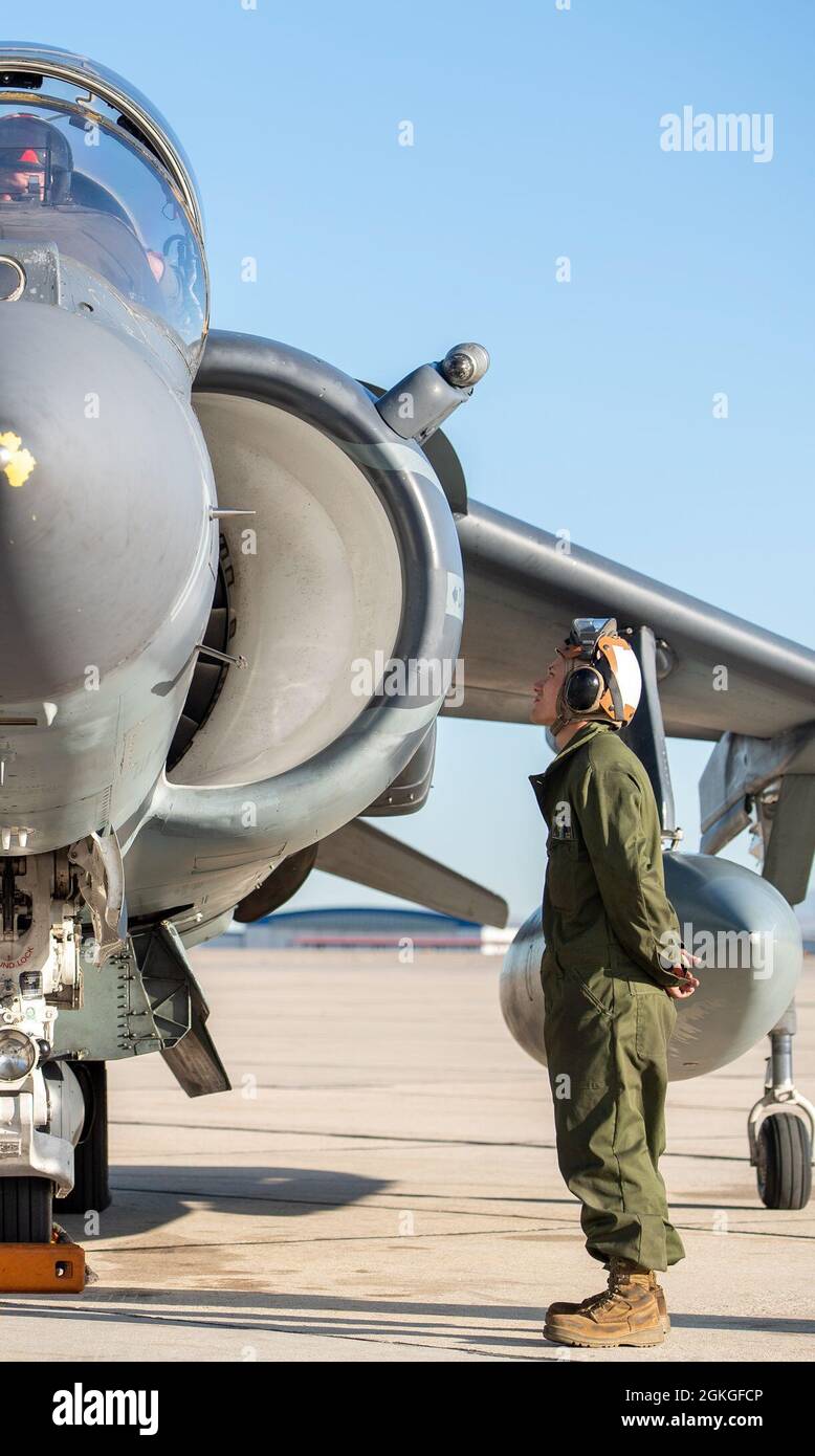 Marine Pfc. Byrd, a plane captain from Marine Attack Squadron 223 ...