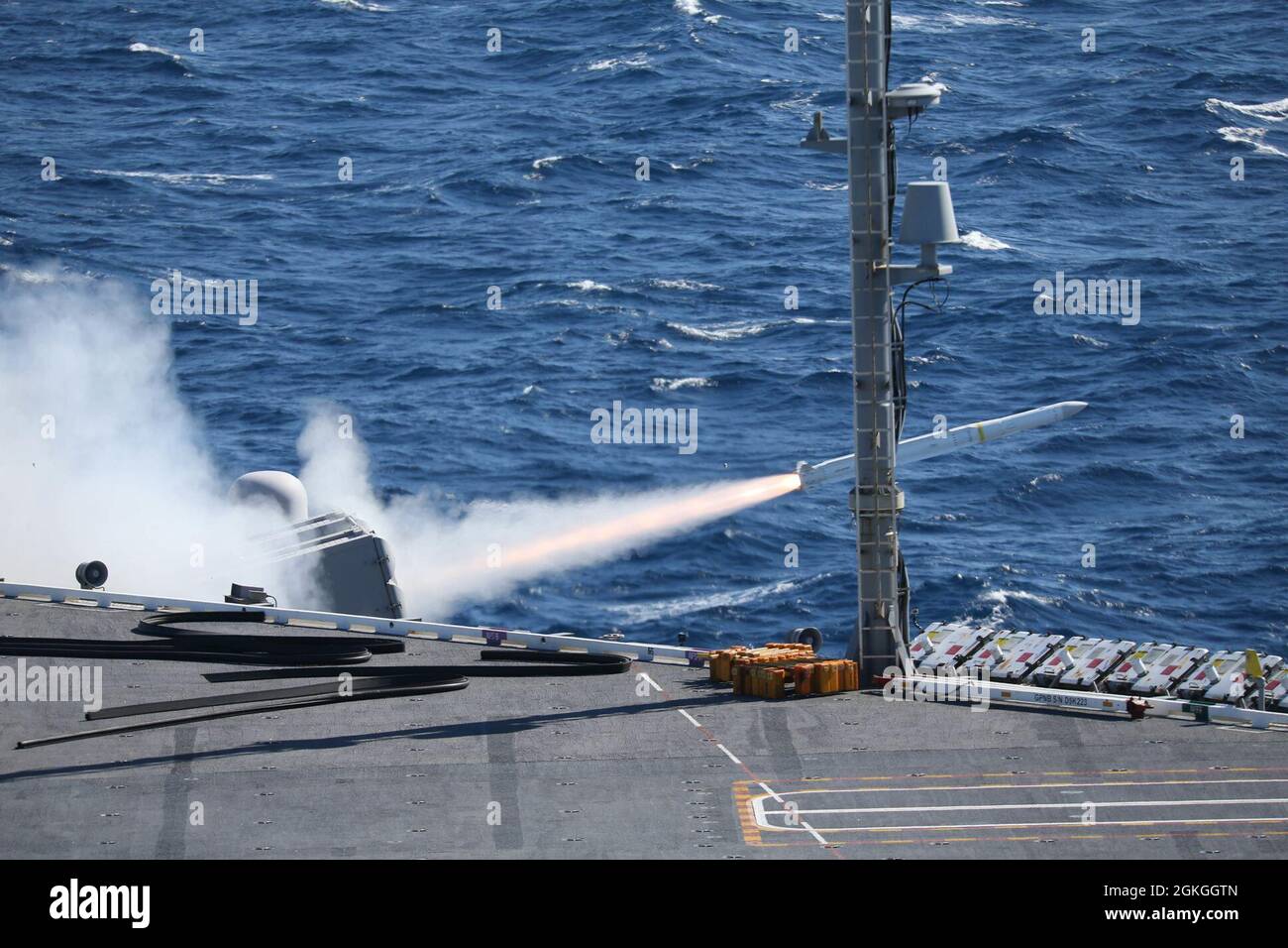 An evolved sea sparrow missile (ESSM) launches from one of USS Gerald R ...