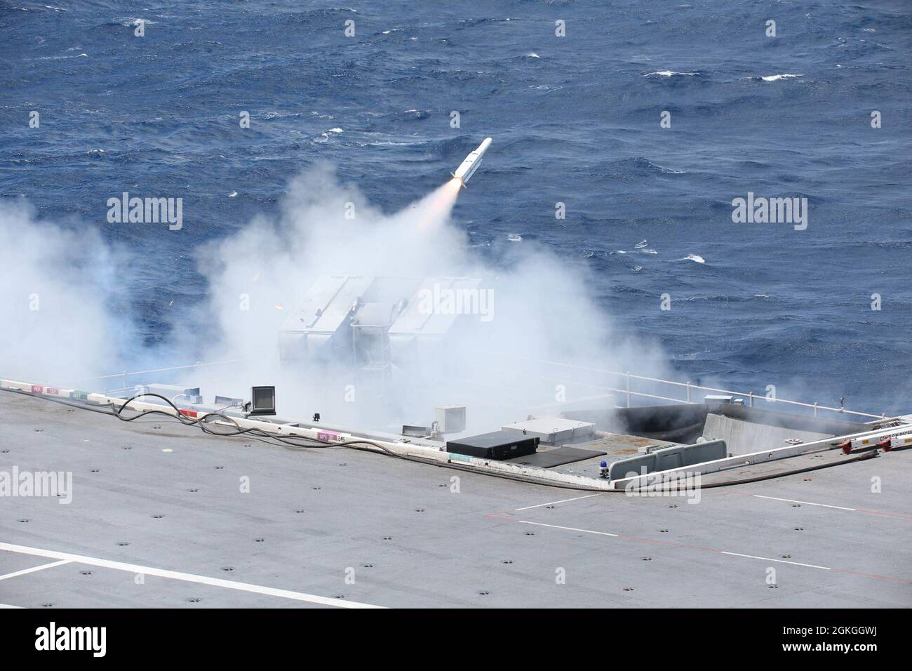 An evolved sea sparrow missile (ESSM) launches from one of USS Gerald R ...