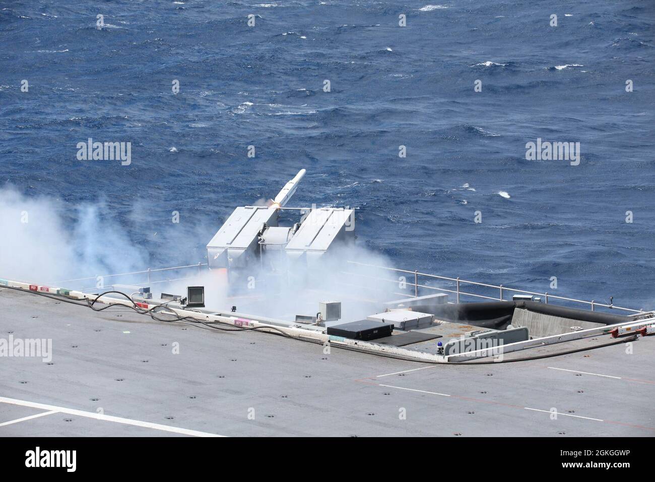 An evolved sea sparrow missile (ESSM) launches from one of USS Gerald R ...