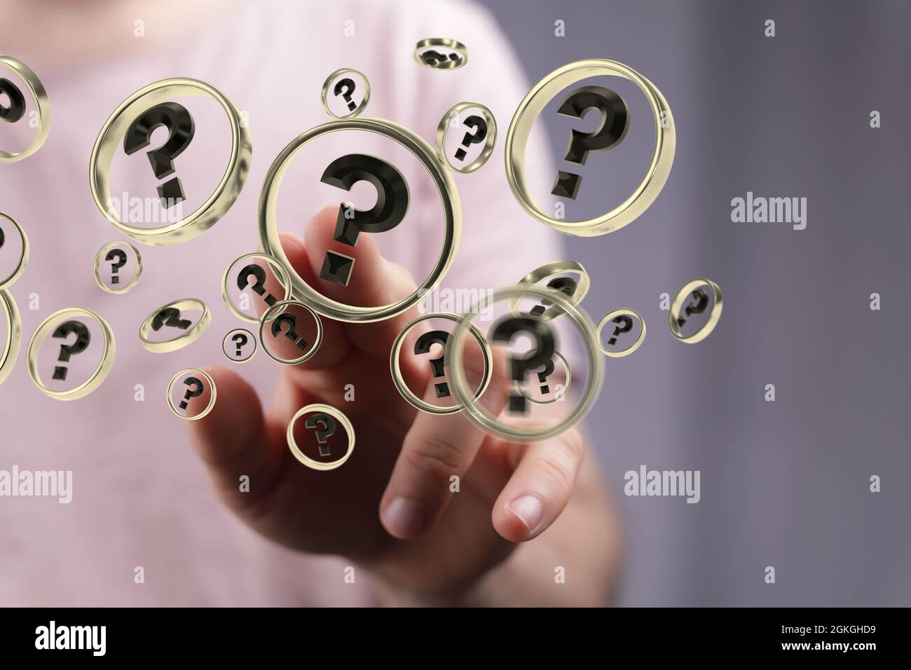 3d rendering of black question marks in beige circular frames with a hand background Stock Photo ...