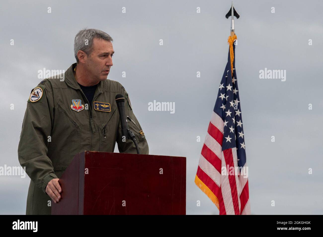 U.S. Air Force Col. Ryan Haden, 23d Fighter Group commander, speaks to ...