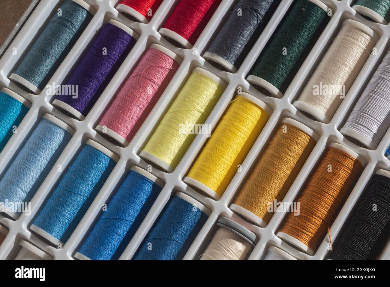 Sewing threads of different colors in a box Stock Photo - Alamy