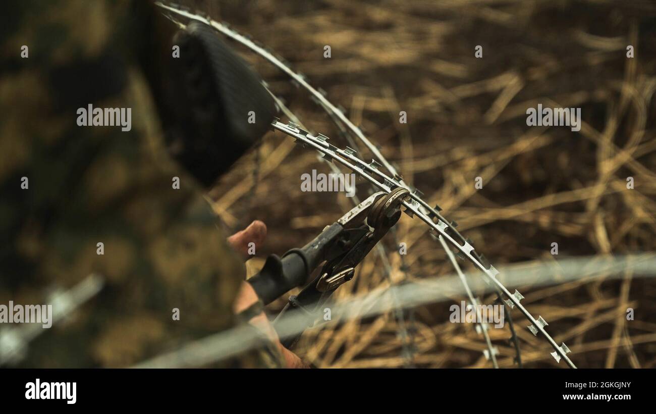 A U.S. Marine with 3d Battalion, 3d Marines, cuts through concertina ...