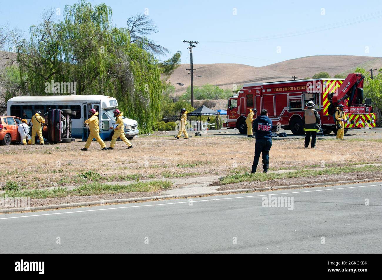 A California first responder fire truck and response team arrive at the ...