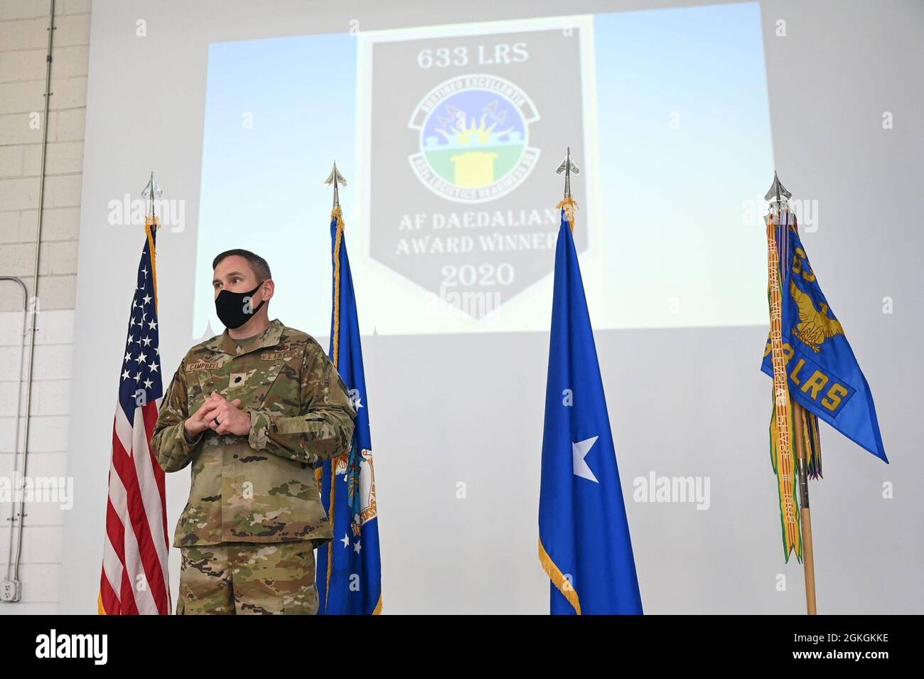 U.S. Air Force Lt. Col. Brian Campbell, 633rd LRS commander, addresses ...