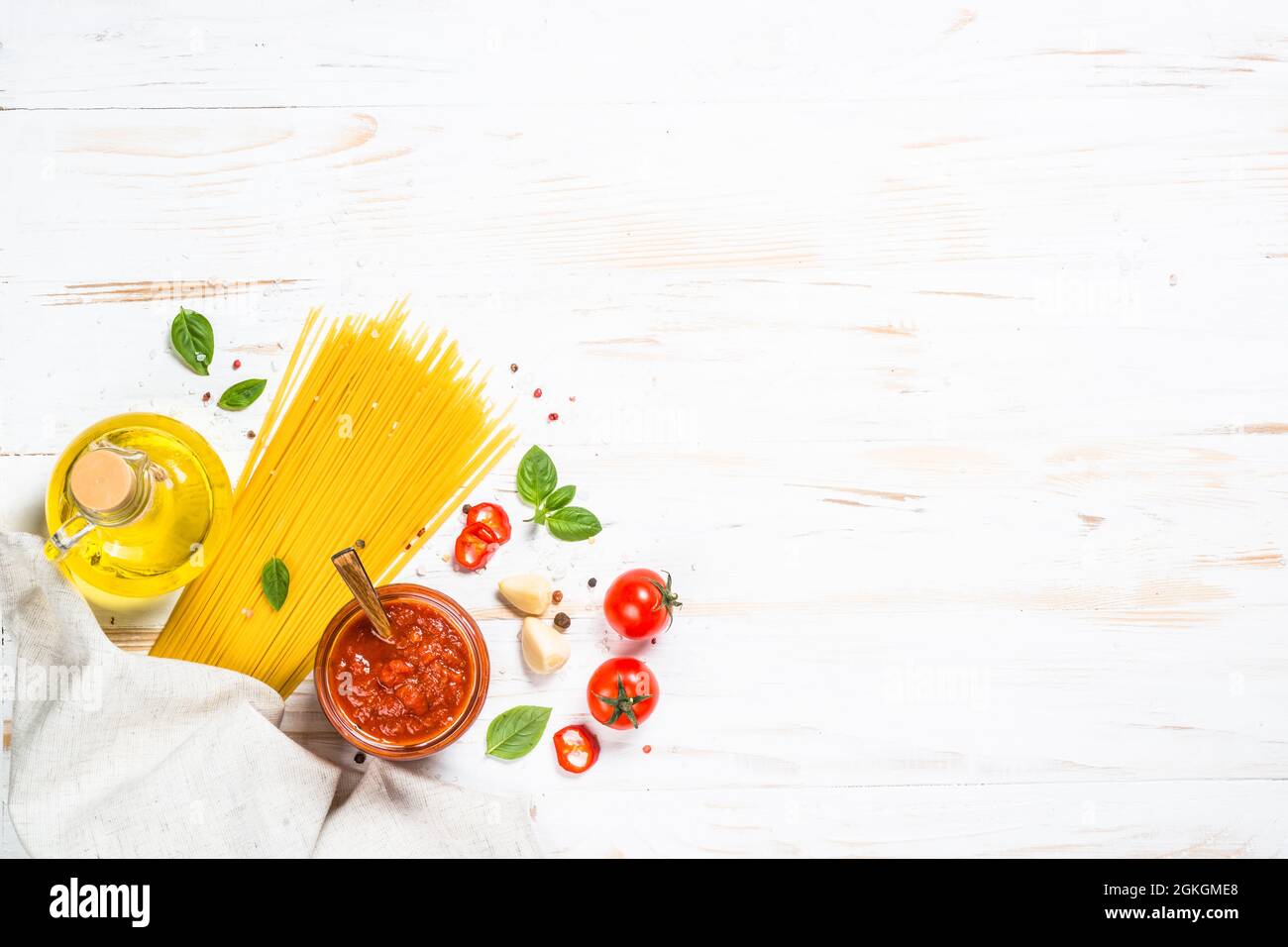 Italian food background at white bkitchen table Stock Photo - Alamy