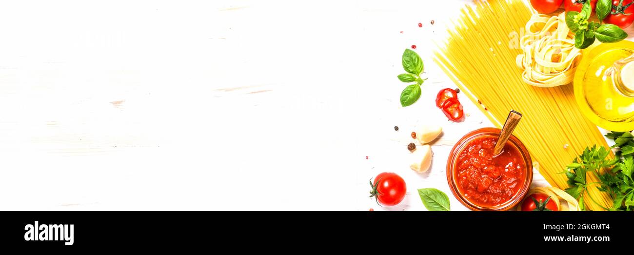 Italian food background at white bkitchen table Stock Photo - Alamy