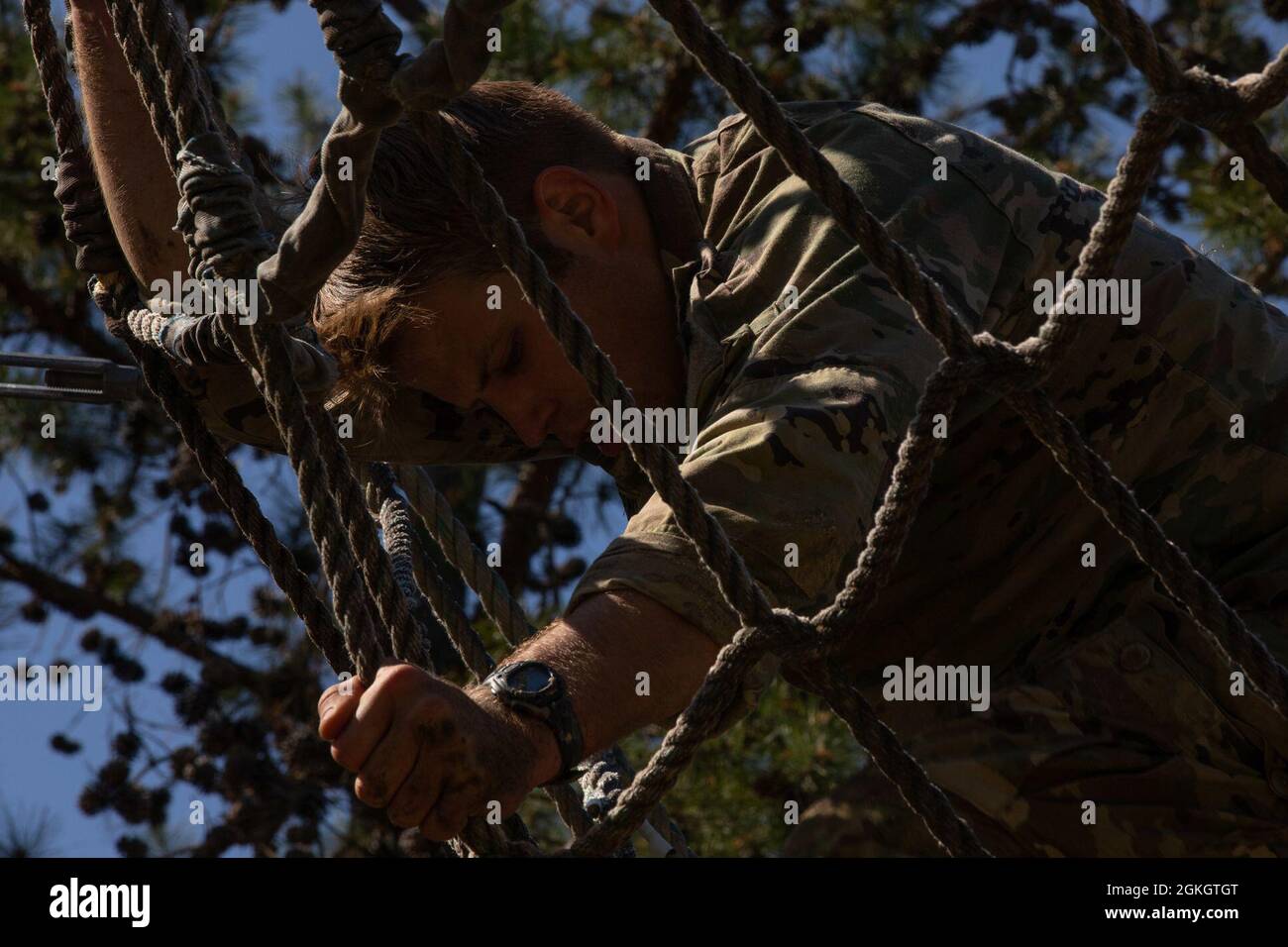 A U.S. Army Ranger competing in the 2021 Best Ranger Competition ...