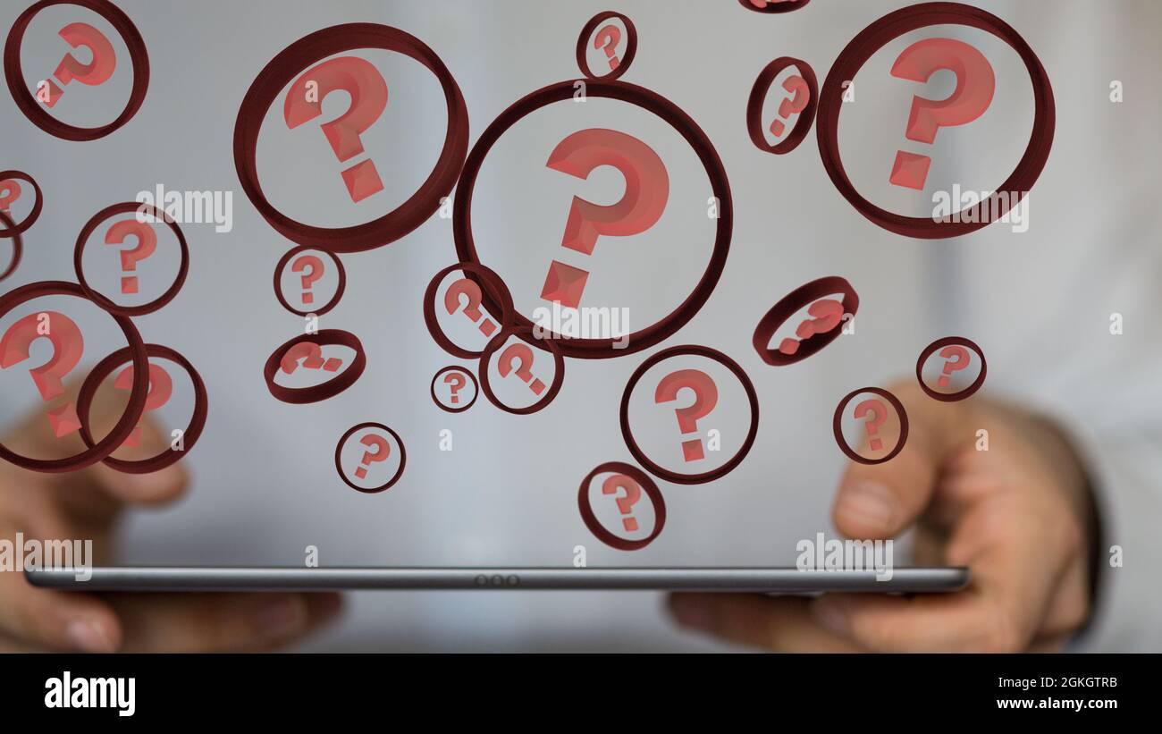 3d rendering of red question marks in burgundy circular frames above a ...